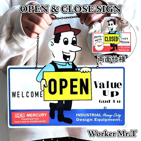 「OPEN／CLOSEサイン ”Mr.T”」MERUCRYのキャラクター『Mr.T』とともに、両面にそれぞれ『OPEN』と『CLOSE』の文字がデザインされた可愛いブリキ看板です！壁掛け用のチェーンがついており簡単に飾ることができます。-ア...