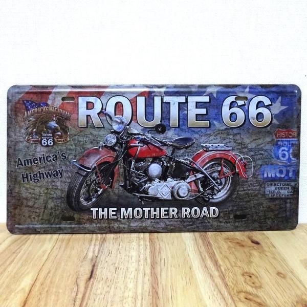 「THE MOTHER ROAD」アンティークメタルエンボスプレート WIDE ルート66赤のアメリカンなバイクがレトロでかっこいいおしゃれなブリキ看板です！アメリカン雑貨の定番、ルート66のロゴもあり、お部屋の雰囲気がガラッと変わること間...