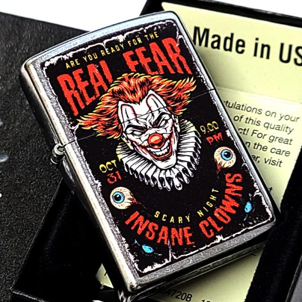 「INSANE CLOWNS ZIPPO」ホラー調のアメリカンなピエロのイラストが描かれたZIPPOライターです。「REAL FEAR」「INSANE CLOWNS」の英字と、インパクトのあるピエロの表情が目を惹くデザイン。長年使い込んだか...