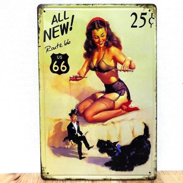 「ブリキ看板 ”ALL NEW Route 66”」レトロでおしゃれなデザインのルート66ブリキ看板です。お店の飾りにもいかがでしょうか？表面はアンティーク感あるビンテージ加工。傷やサビのデザインが良い味を出しています。これこそオールドアメ...