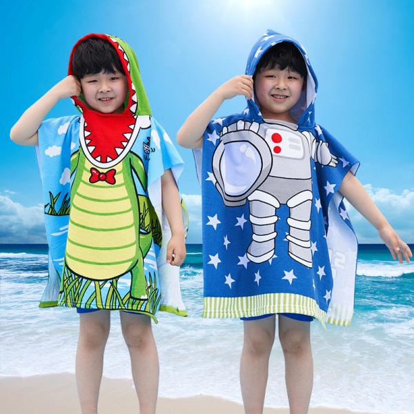 ベビー  キッズ　フード付き タオル　キッズ フード付きタオルポンチョ肌触りや吸水性はもちろん、遊び心と機能性にもこだわりました。【フード付きバスタオル】可愛いデザインのキッズバスローブです。プールやお風呂上がりに、タオルポンチョで頭から全...