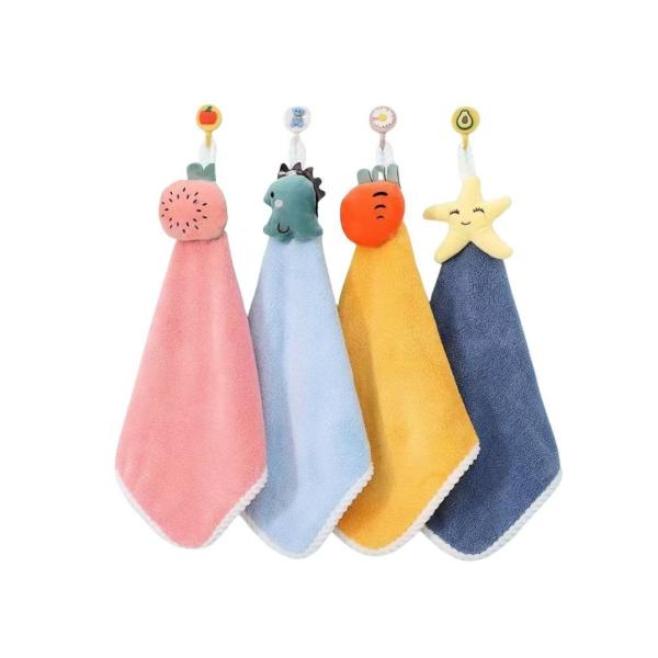 キッチンタオル4カラー4枚セットです。フック、取っ手に引っ掛けてご使用いただけます。キッチンだけではなくお手洗い用にお手ふき用でもご使用いただけます。材質：サンゴフリース(ポリエステル繊維)サイズ：約28cm×約28cm(ループ・ぬいぐるみ...