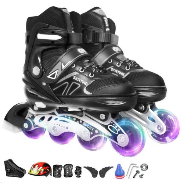商品情報：エルボーパット、ニーパット、ヘルメット付きのセットです。アジャスターでつま先が前後にスライドお子様へのプレゼントとしても適カラー：ピンク、ブルー、ブラックサイズ：調節機能付S(18.5-20.5cm)3-7歳の子供M(21-23....