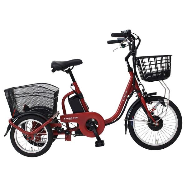 電動アシスト 三輪自転車  ロータイプ ブリックレッド(マット) E-PARTON  BEPN18 (電動三輪自転車 電動自転車 充電式 バッテリー 小さめ かご付き 前後かご シニア 高齢者 主婦 自転車本体 お客様組立品 mimugo ...