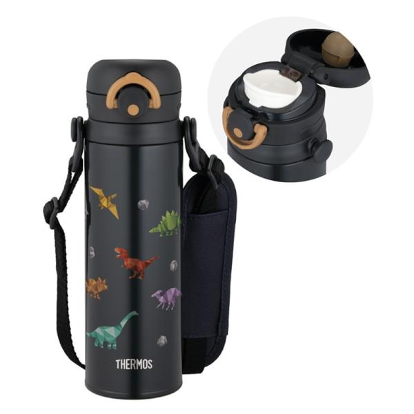 真空断熱キッズケータイマグ ブラック 500ml JPF-500-BK    (水筒 子供用 保温 保冷 ワンタッチ ストラップ付  サーモス)●キッズが好きな恐竜のイラスト！●ロックリング付きのワンタッチオープン。●飲み口を外して洗えお手...