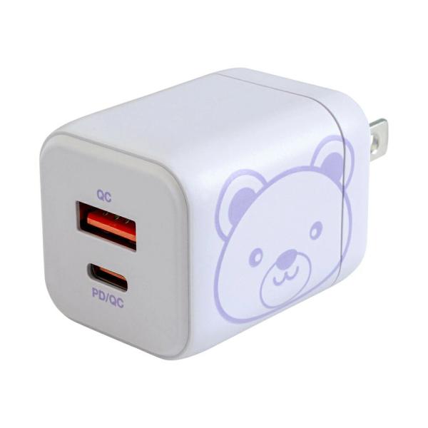 高速充電 USB充電器 20W 2ポート CHARGE GEAR クマ パープル JKPD20GAPP (急速充電器 USB-C&amp;A チャージギア 京ハヤ)●日々の充電を可愛くするアニマルAC。●落ち着いた色味と可愛い動物の絵柄の中...