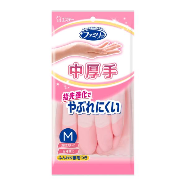 ファミリー ビニール 中厚手 指先強化タイプ M ピンク  (ゴム手袋 ビニール手袋 破れにくい 裏起毛 手触りやわらか  Mサイズ 家庭用手袋 作業手袋 キッチン手袋 台所 洗濯 掃除 介護 エステー)●指先を強化しているのでやぶれにくく...