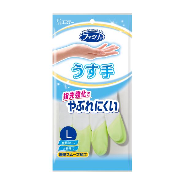 ファミリー ビニール うす手 指先抗ウイルス加工 L グリーン  (ゴム手袋 ビニール手袋 薄手 Lサイズ 指先強化 家庭用手袋 作業手袋 キッチン手袋 台所 洗濯 掃除 エステー)●指先を強化しているので、やぶれにくく、丈夫です。●べたつ...