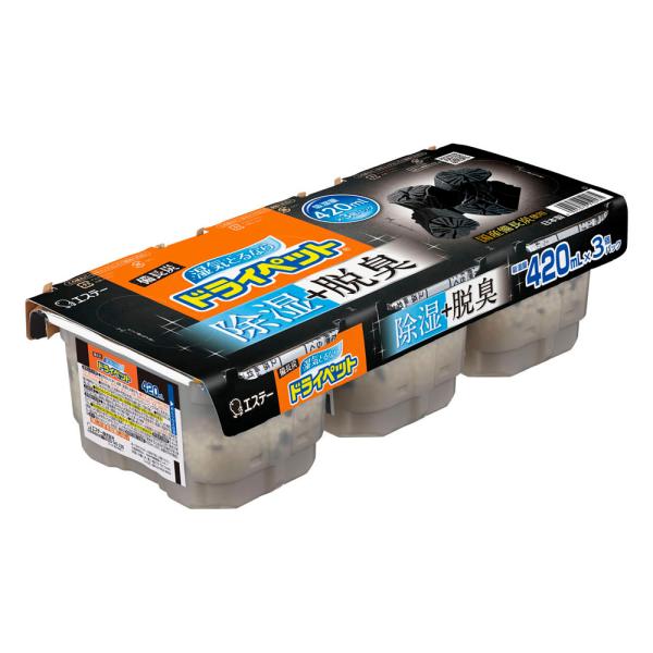 備長炭ドライペット 420ml 3個パック  (除湿剤 脱臭剤 湿気取り 押し入れ 下駄箱 収納庫 置き型 エステー)●置くだけで、湿気対策。●場所を選ばず、どこにでも気軽におけるタイプです。(除湿剤 脱臭剤 湿気取り 押し入れ 下駄箱 収...