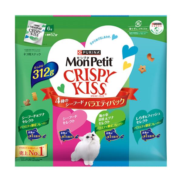 モンプチ クリスピーキッス バラエティパック 4種のシーフード 6g×52袋 312g (猫用おやつ スナック キャットフード 無添加 ネスレ日本)●1袋に4つのおいしさ！●グルメなネコちゃんも満足する大袋バラエティパック！●いろいろな味や...