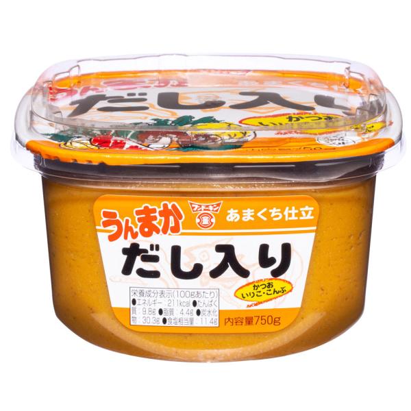 フンドーキン うんまかだし入りみそ （750g：カップ）  [味噌汁 味噌 みそ 調味料 国産 九州 大分]米味噌と麦味噌をブレンドした甘口のだし入り味噌です。かつおや昆布など5種類のだし原料で風味豊に仕上げました。みそ汁の他、煮物炒め物に...