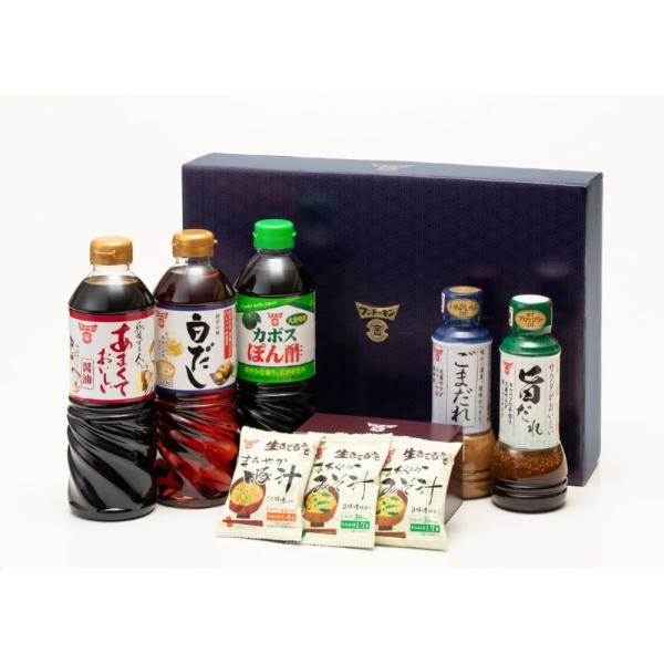 なごみギフト フンドーキン人気商品詰め合わせあまくておいしい醤油、白だし、カボスぽん酢、ごまだれ、旨だれ、フリーズドライ まろやかみそ汁、まろやか豚汁の7品目（合計8個）入ったバラエティ調味料セット。【あまくておいしい醤油 720ml】かつ...