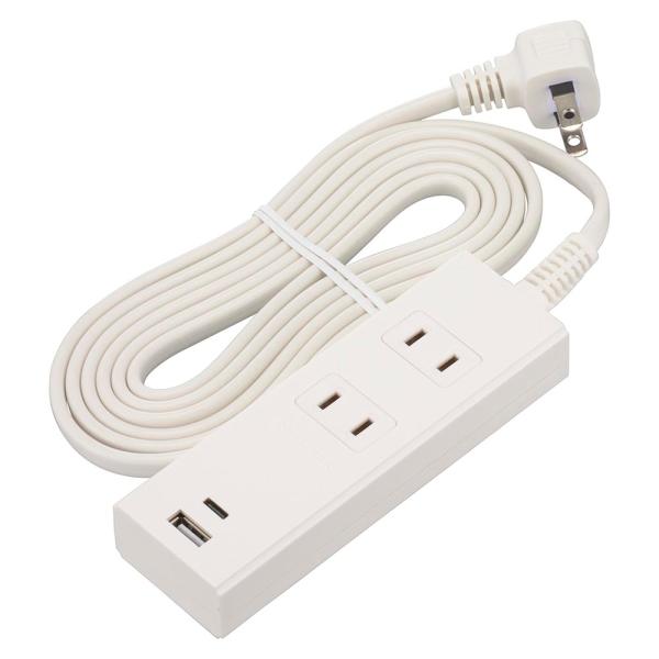 2個口タップ PD対応 Type-C/Type-Aポート付き 2m ホワイト [品番]00-1003 HS-TU22PD23-W           (電源タップ・延長コード:USBポート付タップ オーム電機)●USB Type-CはPD（...
