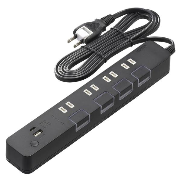 4個口節電タップ USBポート付き 2m （品番）00-1100 HS-TPKU42PD-24K (電源タップ・延長コード:USBポート付タップ オーム電機)●USB差込口 Type-C×1、Type-A×1（TOTAL 3.4A）。●US...
