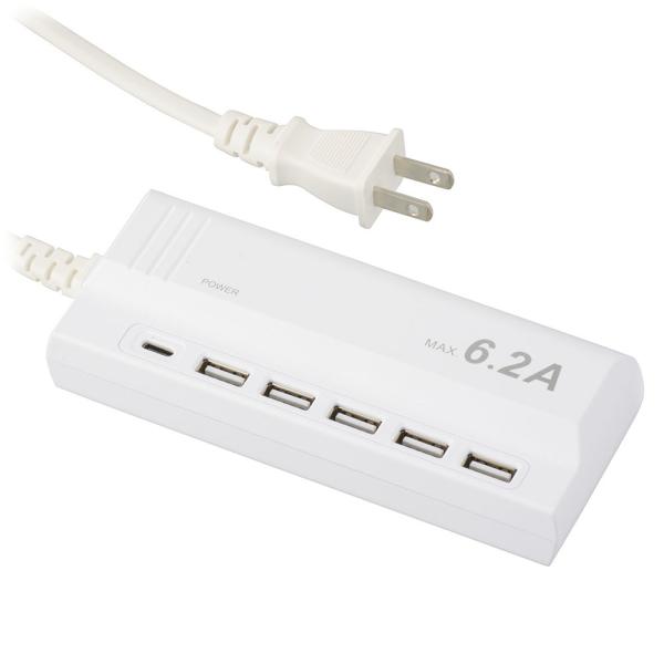 USB_ACチャージャー TypeA×5＋TypeC 1.5m [品番]00-1229 SMP-U5C62E3-W           (電源タップ・延長コード:USBポート付タップ オーム電機)●充電ポートUSB Type-A 5個口＋T...