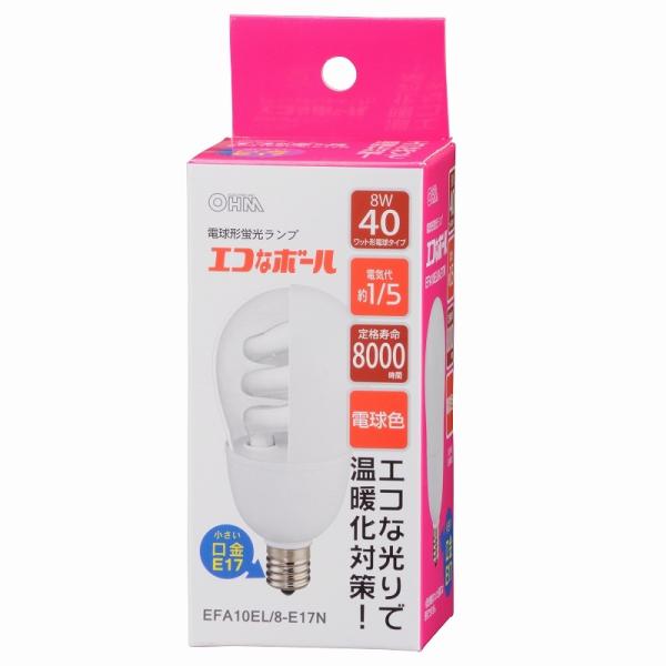 オーム電機 電球形蛍光灯 E17 40形相当 電球色 エコなボール [品番]04-6963 EFA10EL/8-E17N 4971275469631● 一般球（口金E17）がついている器具にそのまま使用できる電球形蛍光灯です。● 消費電力8...