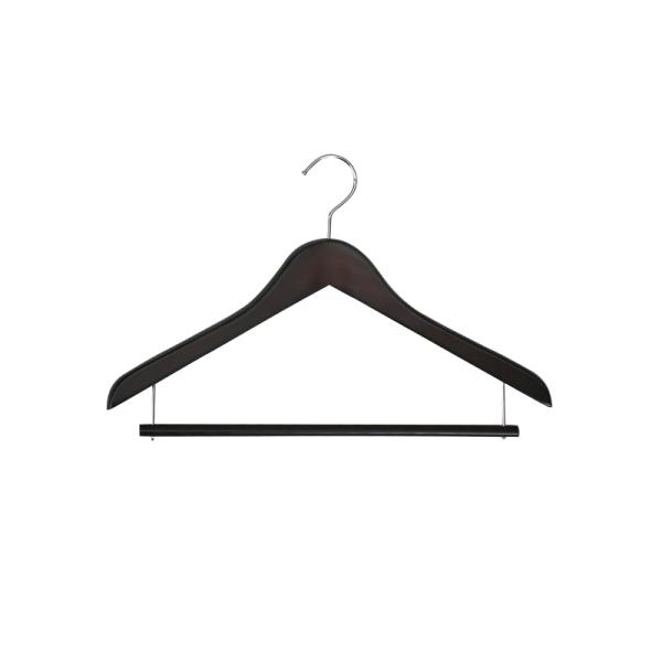 サワフジ 木製ハンガー　ブラウン AWT-343-BR-J 4973306151737木製ハンガー。天然木使用。横幅43ｃｍ、肩厚17ｍｍでジャケットにも。Wバーでスラックスが落ちにくい。《洋服ハンガー 衣類ハンガー スーツハンガー》※画像...