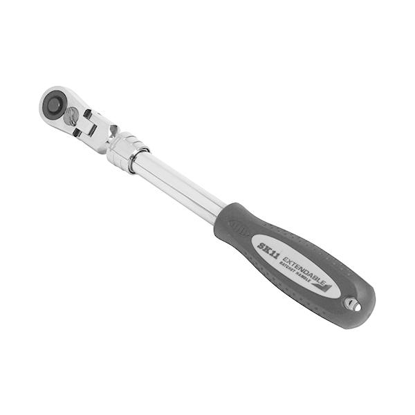 伸縮式ラチェットハンドル SRH3CEF 藤原産業 [作業工具 ソケット アクセサリー]●ハンドルを伸ばせばトルクフルな作業が可能です。【用途】●ソケットと組み合わせて使用するハンドル。【機能】●ヘッド部分は無駄を省き、薄型でコンパクトに設...