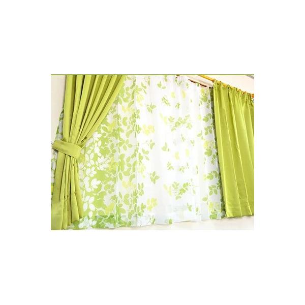 遮光カーテン レースカーテン 4枚セット リーフエバ  幅100×丈135cm グリーン 408833 (サテン風厚地カーテン 北欧デザインレース おしゃれ 新生活 水洗いOK 九装)●デザインレースと厚地の遮光カーテンがセットのお買い得商...