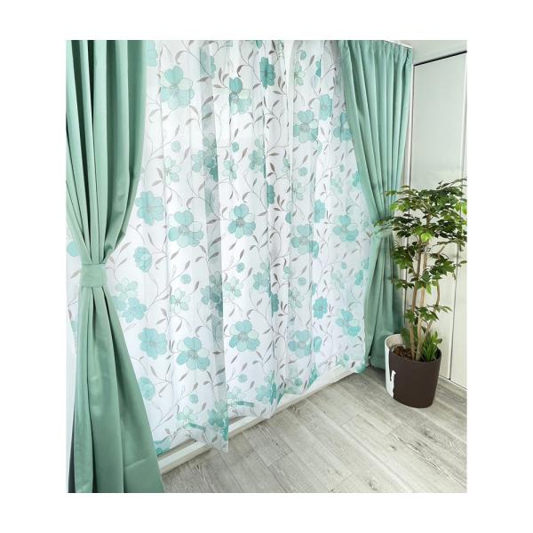 遮光カーテン レースカーテン 4枚セット メビウス  幅100×丈135cm ブルー 545350 (サテン風厚地カーテン 北欧デザインレース おしゃれ 新生活 水洗いOK 九装)●デザインレースと厚地の遮光カーテンがセットのお買い得商品！...