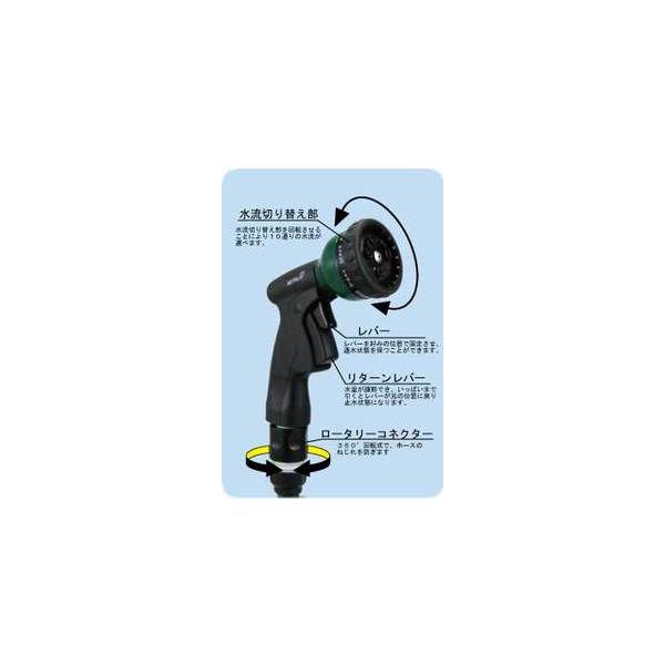 ■メタル９Ｒフロントレバーで通水・止水が行える金属製多機能ノズル。止水を含め１０通りの水流が選べます。また、ロータリーコネクタによりホースのねじれを防ぎます。