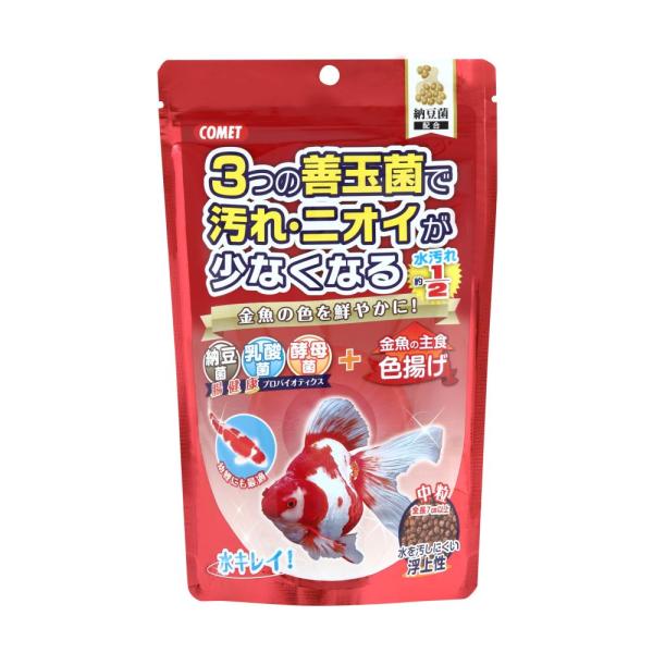ニオイ・汚れを減らす力がある納豆菌に加え、乳酸菌・酵母菌の３つの善玉菌の力で金魚の腸内細菌のバランスを整えます。更に金魚の色を鮮やかにするカロチノイド配合の色揚げ用栄養フード。中粒タイプ。仕様・注意事項：●内容：200ｇ●サイズ：幅150×...
