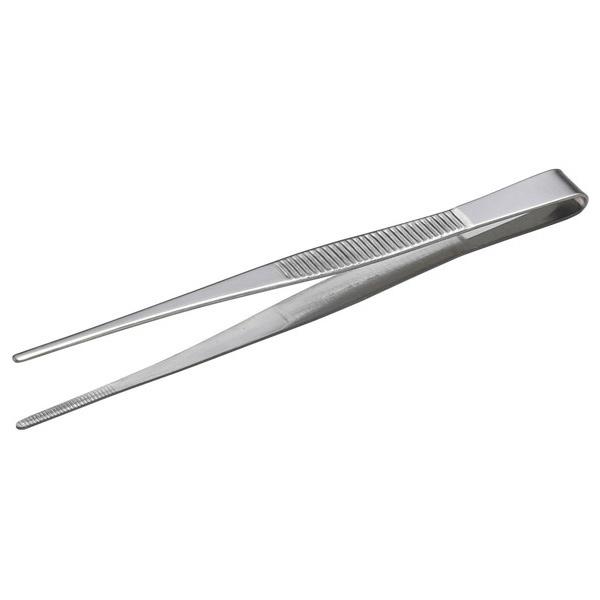 脱脂綿、ガーゼ等をつかむ一般的なタイプ先端ギザ115mm・直。仕様・注意事項ステンレス製。