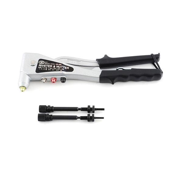 シャフトが切れない場合はハンドルを握りなおしてください。鉄板等を接合する場合、片側が密閉された母材でも、あらかじめドリルで接合する母材と部材に穴をあけて、ブラインドリベットをハンドリベッターにセットしてかしめて接合できます。ノーズピースを交...