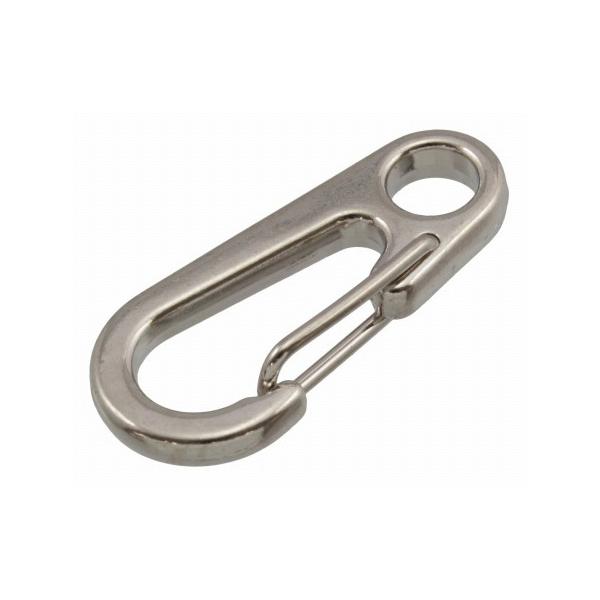 均一電着性に優れピンホールも少なく素地の保護能力にすぐれたニッケルメッキ●ロープやワイヤーの先に取り付けることができます。仕様・注意事項●参考使用荷重：1.0kg●材質：亜鉛ダイカスト・ニッケル