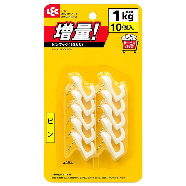 サイズ：15×30×30Hmm入数：10本入り取り付けられる所：壁紙・布壁紙・布壁紙貼りなどの石膏ボード壁、柱、板壁、プリント合板、カモイ材料：【支持部】スチロール樹脂【フック・ピン】ステンレス鋼線荷重制限：1kg(静荷重 ※静止状態での荷...