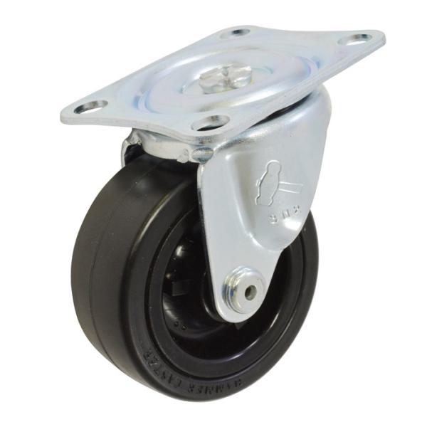 一般的なキャスターとして使用。車輪がゴムで弾性を持っているため、クッション性を要求される場合には最適。自在タイプ。