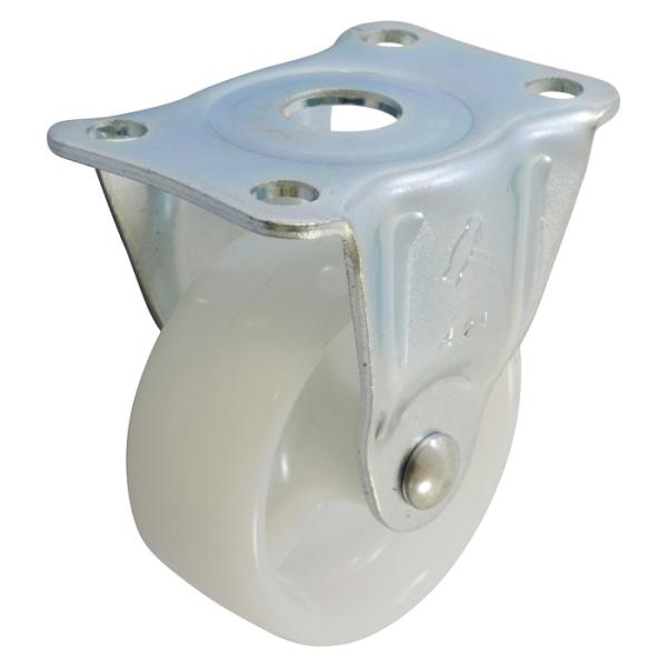 一般的なキャスターとして使用。鋳物車輪などの短所を補うため開発された。車輪がナイロンで、耐熱性、耐薬品性、耐食性、耐摩耗性に優れている。固定タイプ。