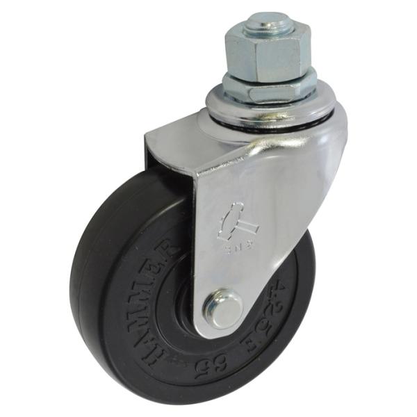 一般的なキャスターとして使用。車輪がゴムで弾性を持っているため、クッション性を要求される場合には最適。ねじ込みタイプ。