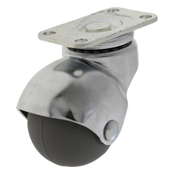 デザインキャスターとして使用。室内用のワゴン車や家具に適したキャスター。車輪形状が球輪タイプ。車輪がでウレタンで、耐油性、耐摩耗性、低温特性に優れている。床面にマーキングや汚染などが少ない。自在タイプ。