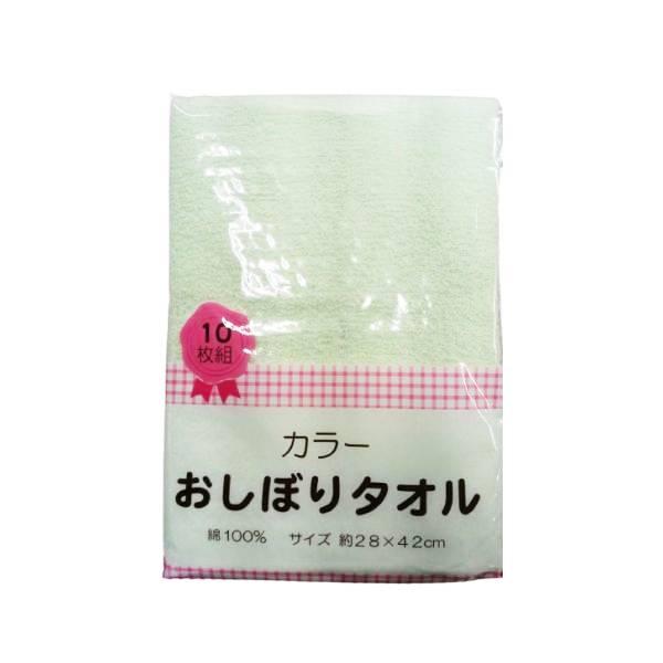 オシボリ10枚組【仕様】■カラー：5色アソート（ホワイト・ブルー・ピンク・イエロー・グリーン）■サイズ：オシボリ約28cm×42cm■素　材：綿100％■規　格：100匁■生産国：中国製【商品説明】■塩素系洗剤・漂白剤を使用した場合、色落ち...