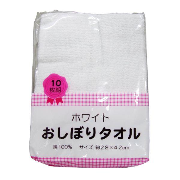 オシボリ10枚組【仕様】■カラー：ホワイト■サイズ：オシボリ約28cm×42cm■素　材：綿100％■規　格：100匁■生産国：中国製【商品説明】■塩素系洗剤・漂白剤を使用した場合、色落ちしましので使用しないでください。■蛍光漂白剤入り洗剤...
