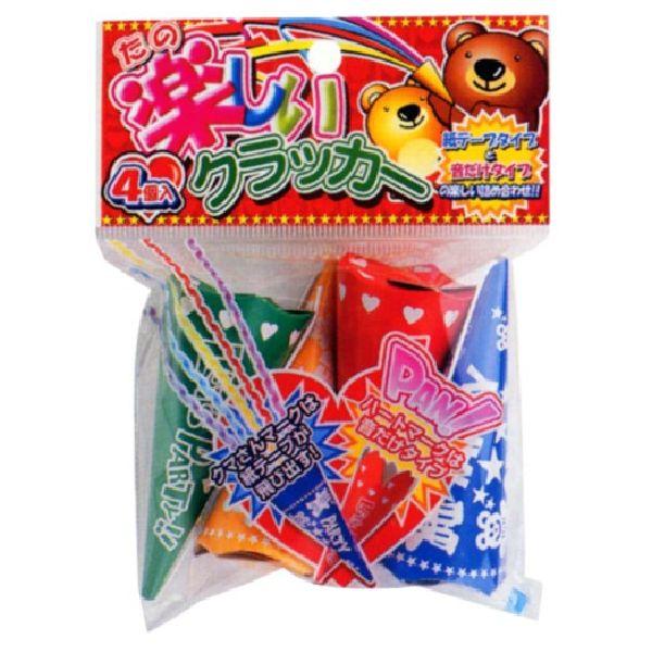 5色紙テープが飛び出すクラッカー2個、と音だけクラッカー2個が入った楽しいアソートセット。外観で区別でき、くまさん柄は紙テープタイプ、ハート柄は音だけタイプ。パッケージサイズ：145×110×35mm