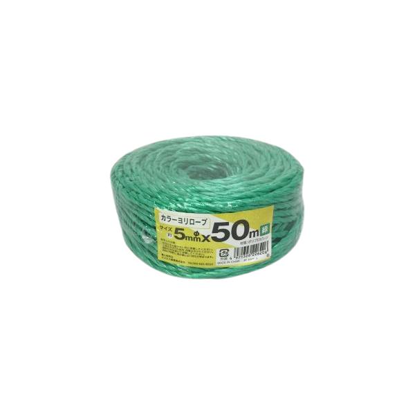 PP(ポリプロピレン)を原料とした結束用のヒモです。2〜3本の紐を撚って溶着しているため強度があります。仕様・注意事項：商品サイズ：5mmx50m色：緑注意：使用目的に適合するかどうか及び安全性を確認し、ご使用ください。保管の際は直射日光、...