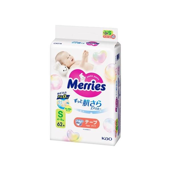 メリーズ独自技術の『立体凹凸ハイブリッド表面材』。ゆるうんちモレを防ぎ、消臭成分配合で、尿中の臭い成分にアプローチ。内容量：62枚サイズ：Sサイズ(4〜8kg)タイプ：テープタイプ材質：【表面材】ポリエステル/ポリオレフィン不織布【吸水材】...
