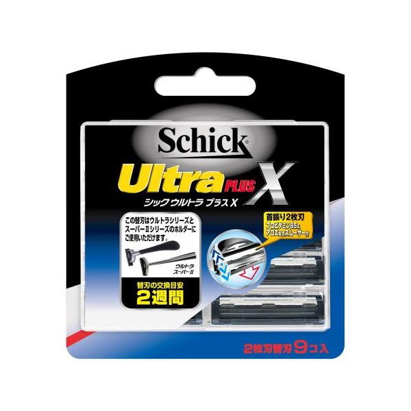 ２枚刃ウルトラプラスＸ替刃（９コ入）。スムーザーにプロビタミンＢ５配合。仕様・注意事項内容量：9個サイズ：幅100×奥行10×高さ110mm、0.033kg
