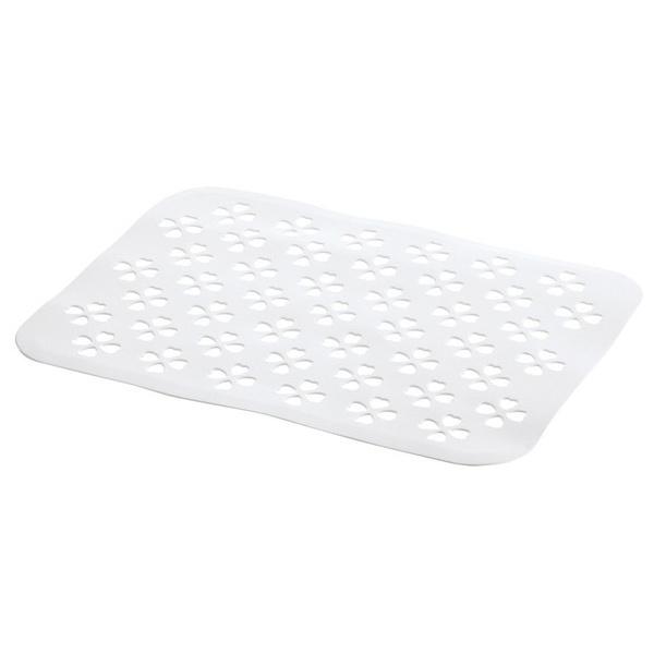 クローバー柄のゴム製シンクマットクッション性が良く、食器を衝撃から守ります。抗菌加工仕様・注意事項●素材：熱可塑性エラストマー●サイズ：幅４５０ｘ奥行３２５ｘ高さ６mm●重量：１８０ｇ●色：ホワイト