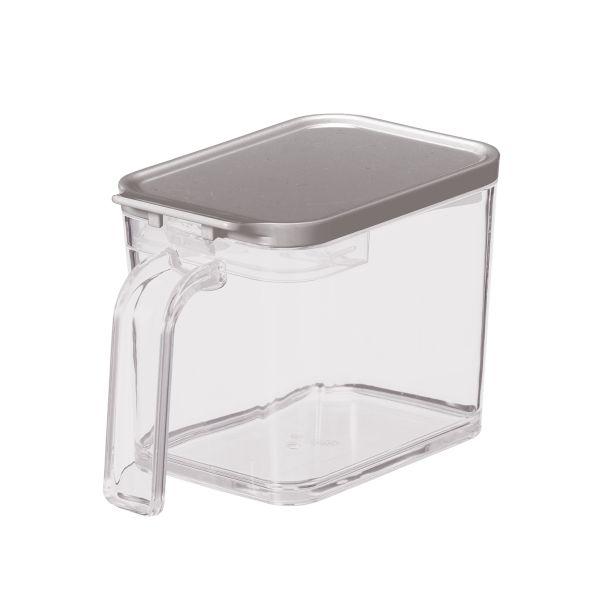 計量機能付き調味料ポット。湿気を防ぐパッキン付き。サイズ：88×155×104mm材質：本体・フタ/PS、すり切り板/PP、パッキン/発泡PE、スプーン/PP