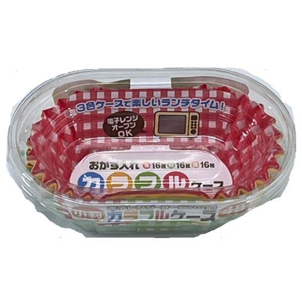 3色ケースで楽しいランチタイム！電子レンジ・オーブンOK。入数：48枚入り(赤16枚、緑16枚、黄16枚)サイズ：底面幅66×底面奥行30×高さ30mm材質：PBT樹脂、紙