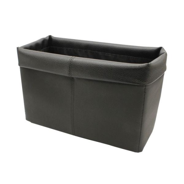 小物入れとしても使えるソフトなレザー調ゴミ箱。500mlペットボトルが3本入るスリムタイプ。フロアマットに置くだけ、底面マジックテープ固定式。サイズ：約H150×W240×D105mm