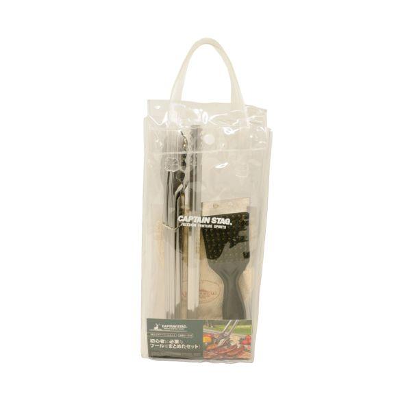 初心者に必要なバーベキューツールをまとめたセットです。トングはステンレス鋼なので丈夫で使いやすく衛生的です。ストッパー付きで収納に便利です。炭バサミは丈夫で衛生的なステンレス製。鉄板・アミ・串等の汚れ（コゲ付）落しに便利な鉄板焼器アミ用ブラシ。