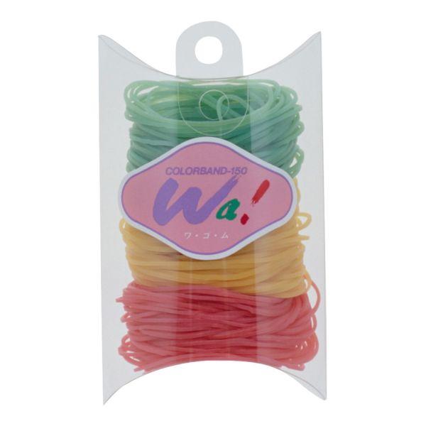 ●品番：ＸＡ−１１５ ●グリーン・イエロー・ピンク３色のカラフルなゴムバンド。●１５０本入り。●透明プラケース入り。