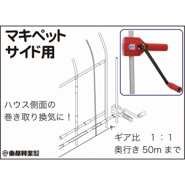 ハウス側面巻上げ換気装置です。【巻き取り制限】※巻取りパイプΦ２２（板厚１．２ｍｍ），フィルム：ＰＯ系フィルム（厚さ０．１５ｍｍ）の場合１．奥行： ５０ｍまで２．開閉幅：１．０ｍまで３．巻取りトルク：１９．６Ｎ（２００ｋｇｆ：ｃｎ）※巻取パ...