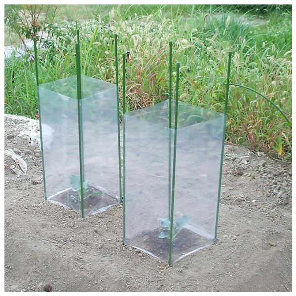 苗を植えた後の防寒、防風、霜よけに！●冷たい風から苗を守ります。●風を防ぐことで放射冷却を減らし、霜の害を防ぎます。●光がよく入るので、苗がよく育ちます。●上部が開放型の為、日中もむれません。●セットの支柱を22cm間隔で四隅に差し、カバー...