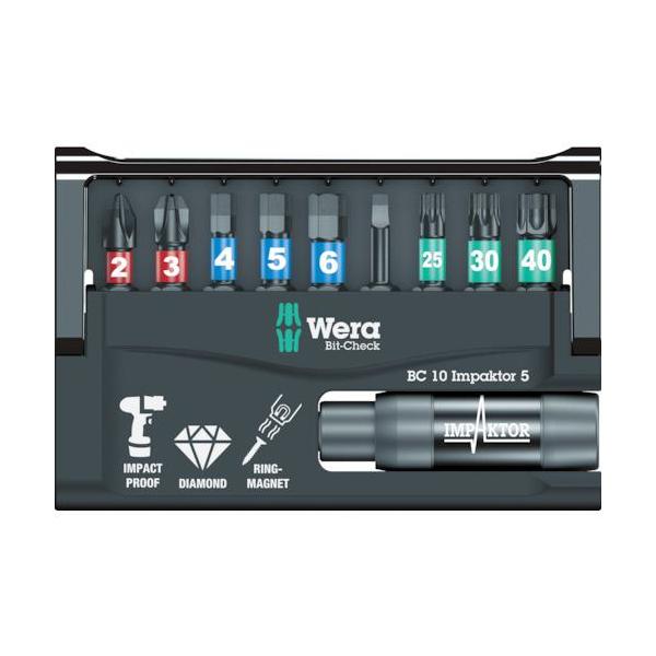 《メーカー》Ｗｅｒａ社《品番》057689《特長》●「インパクター」ビットのセットです。●インパクト専用のアダプター付きです。《用途》《仕様》●全長(mm):25●シャンク径(mm):6.35●セット内容(本):10●差込(mm):6.35...