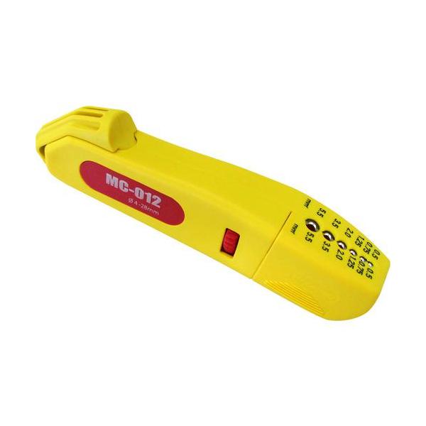 《メーカー》（株）マーベル《品番》MC-012《特長》●くるくる回して簡単に皮むきができます。●外被覆の回転カット、縦カットが簡単に回すだけで行えます。●内被覆単線のストリップができます。《用途》●CV、IV線の皮むきに。《仕様》●適合電線...